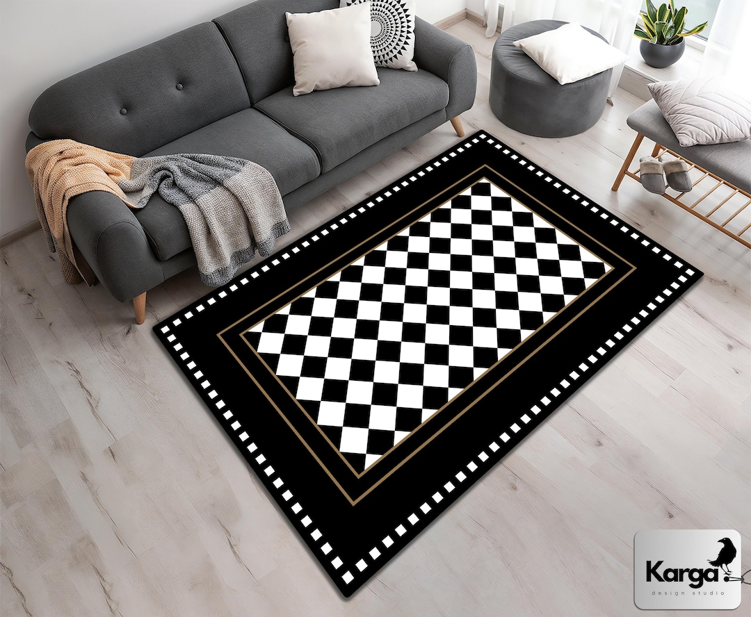 Checkered Rug, Black Border on Check Pattern Nonslip Area Rug, Black ...