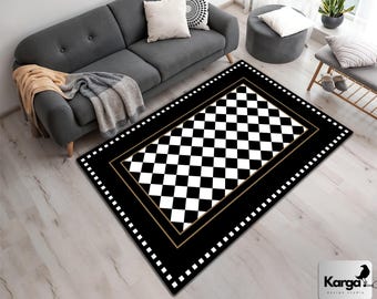 Checkered Rug, Black Border on Check Pattern Nonslip Area Rug, Black ...