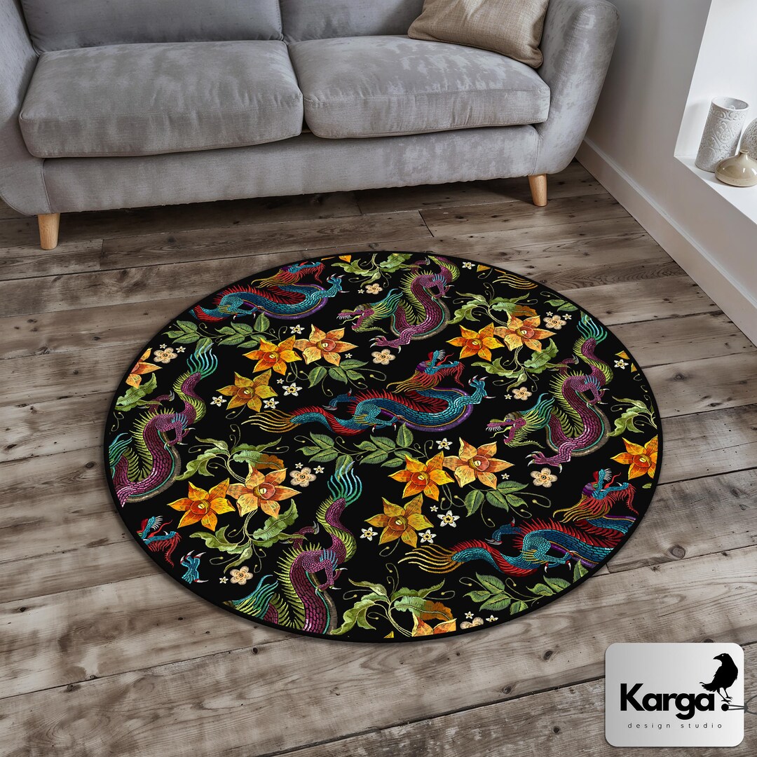 Japanese Dragon Round Rug, Dragon Rug, Mythological Rug, Decorative Rug ...