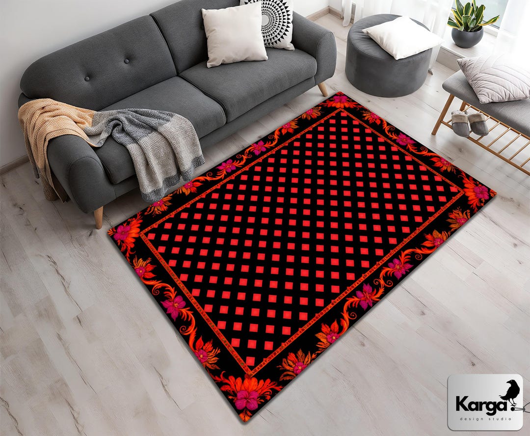 Checkered Rug, Red Border on Floral Pattern Nonslip Area Rug, Black and ...
