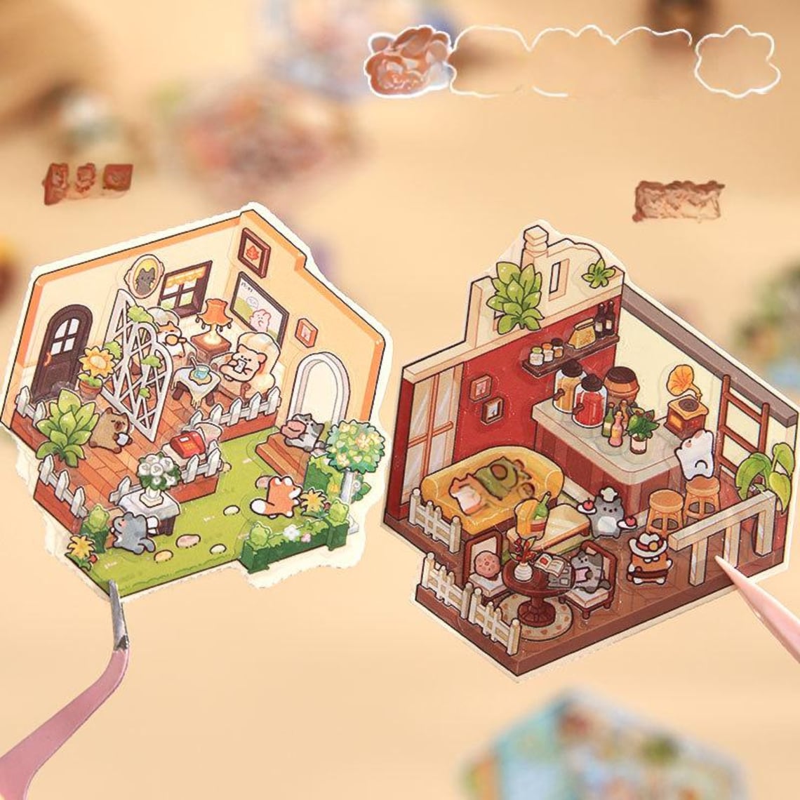 Mini 3D Room Scene Sticker Book | Cute Animal House DIY, Isometric ...