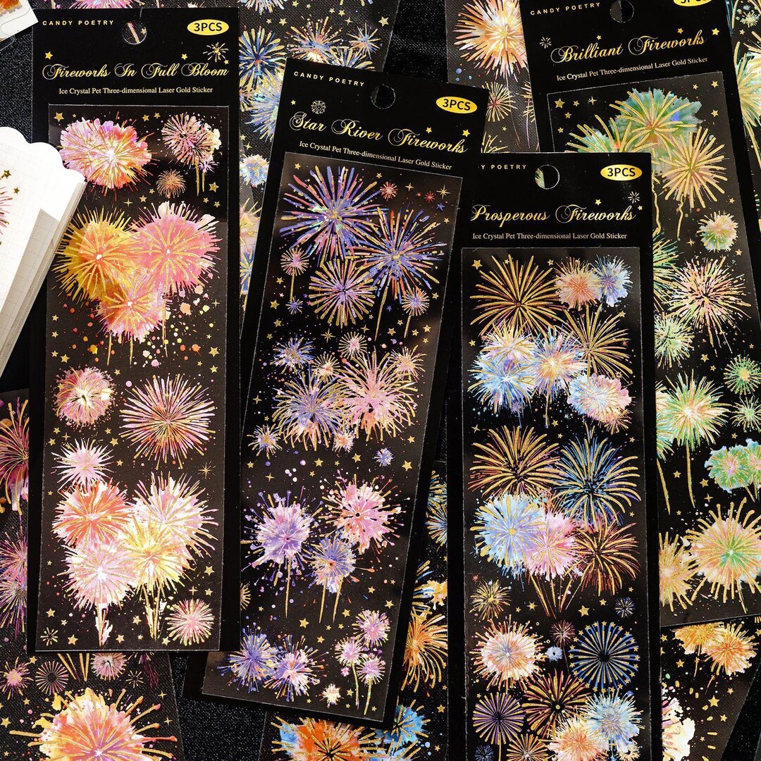 3 Sheets Luxury Gold Fireworks PET Sticker | Transparent Foil Sparkle ...