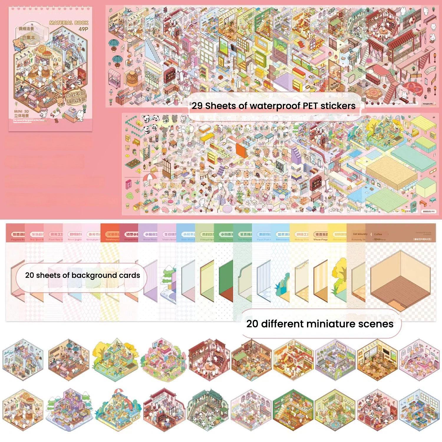 20 Kawaii 3D Isometric Scene Sticker Book | 29 Pcs PET Sticker Sheets ...