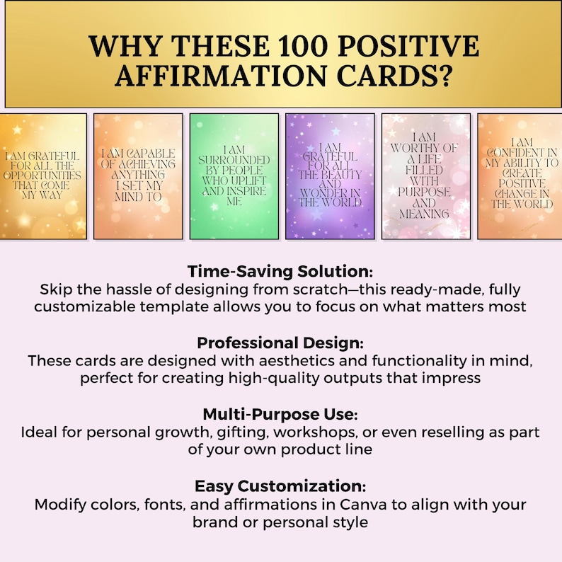 100 Positive Affirmation Cards: Printable Mindfulness Deck (PLR Resell ...