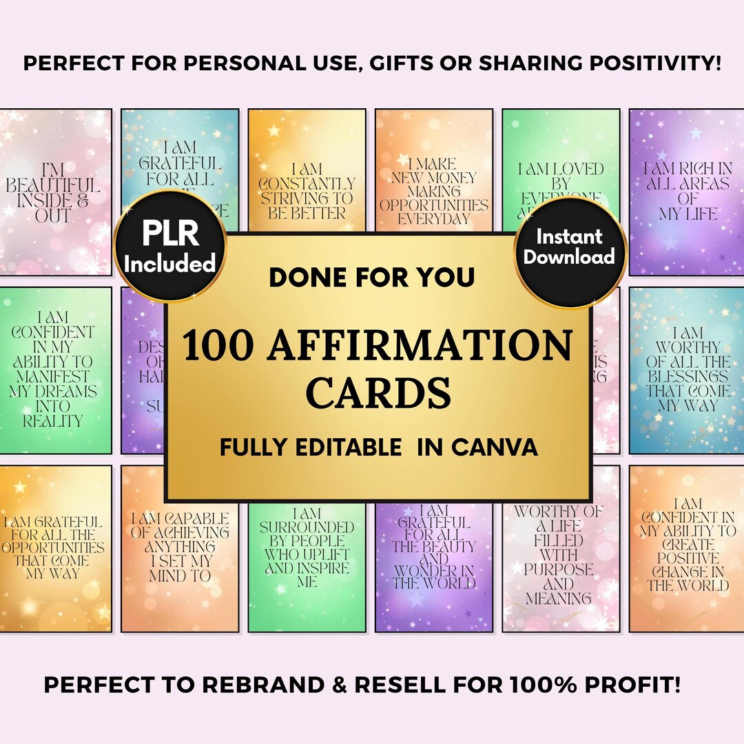 100 Positive Affirmation Cards: Printable Mindfulness Deck (PLR Resell ...