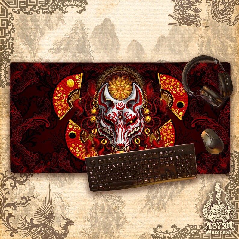 Kitsune Mask Mouse Pad, Japanese Fox Gaming Desk Mat, Manga Okami Table ...