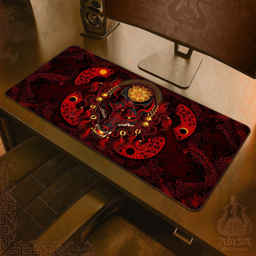 Kitsune Mask Mouse Pad, Japanese Fox Gaming Desk Mat, Manga Okami Table ...