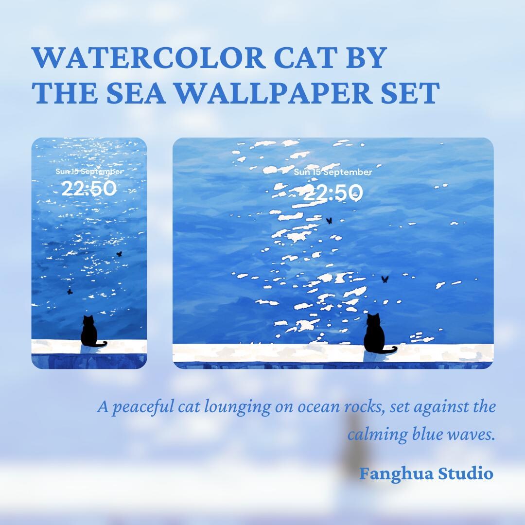 Watercolor Cat by the Sea Wallpaper Set 2 Peaceful Backgrounds on Ocean ...
