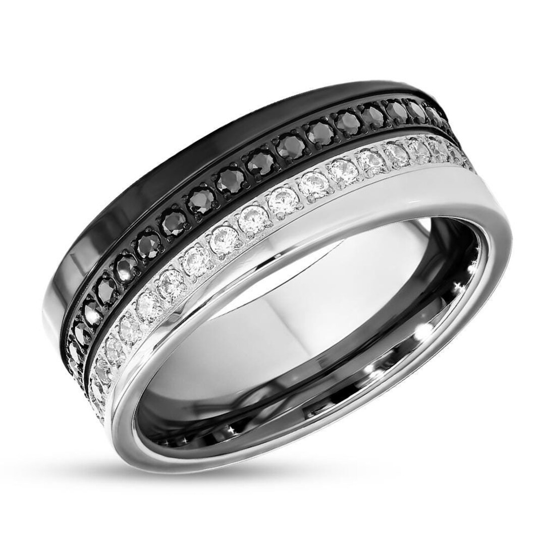 Black & Silver Titanium Wedding Ring,cz Gem Inlay,comfort Fit ...