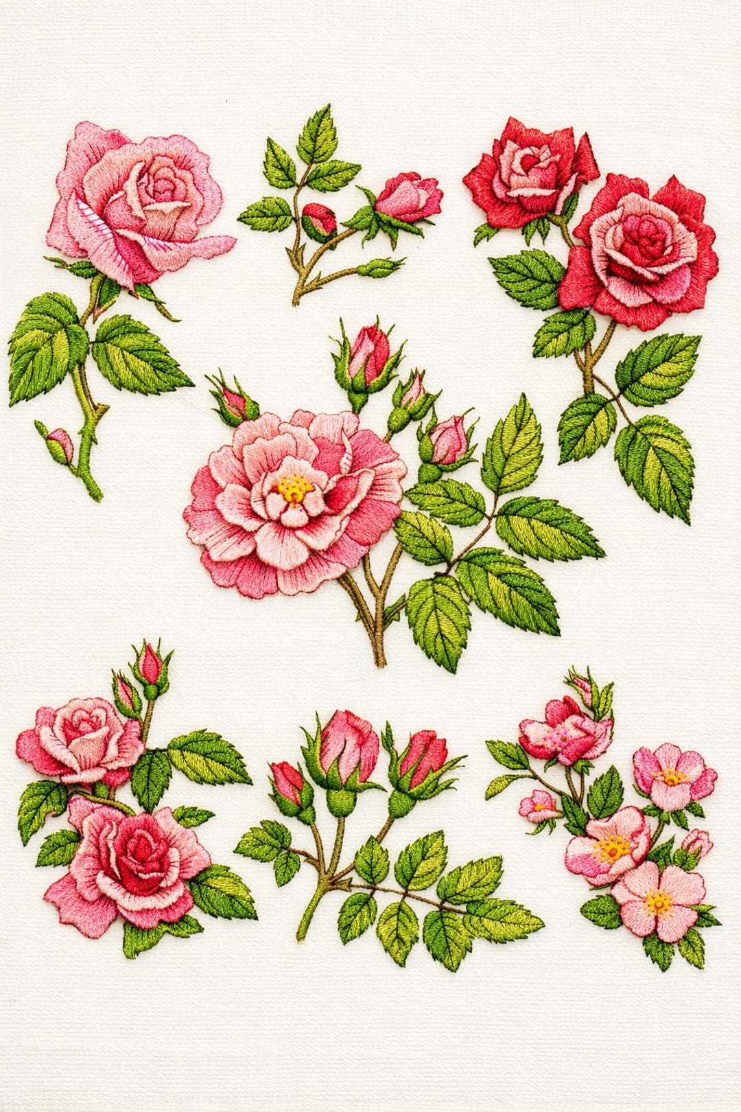 Digital Vintage Embroidery Pattern Transfer of Rose Flower Sprigs From ...