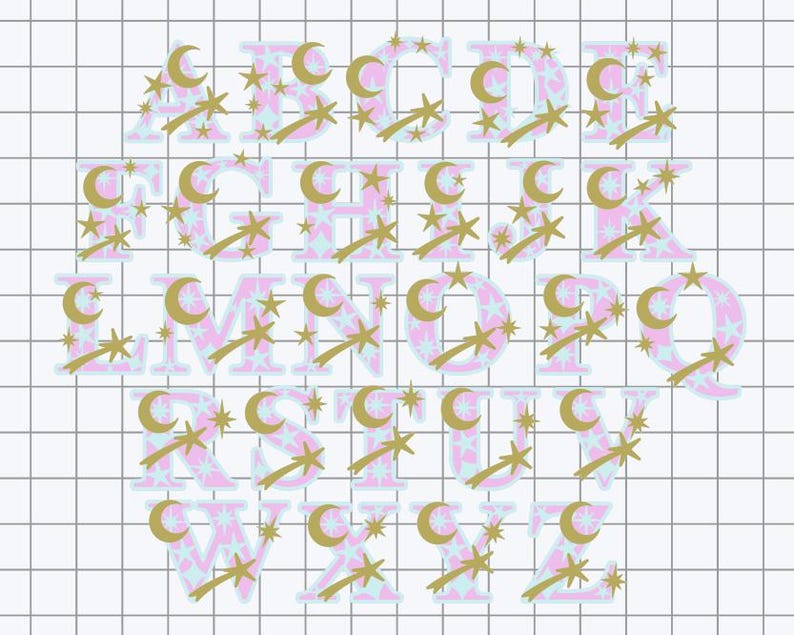 Moon and Stars Alphabet SVG, Stars Svg, Girl Birthday Party, Letters ...