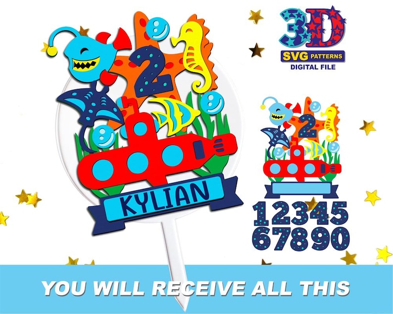 Submarine Birthday Cake Topper SVG: Under the Sea Party (digital ...