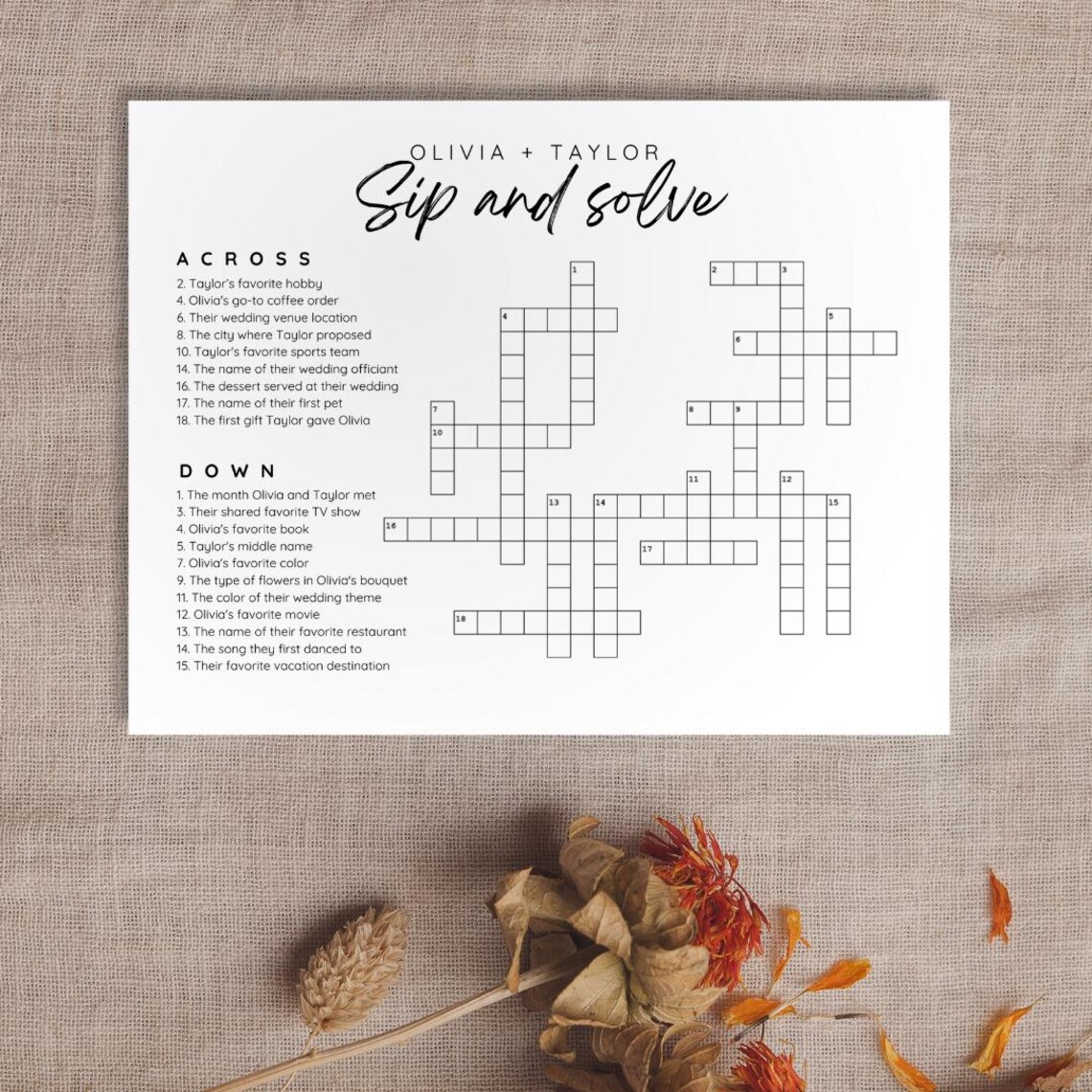 Sip and Solve Wedding Crossword Puzzle: (DIY Template With Instructions ...