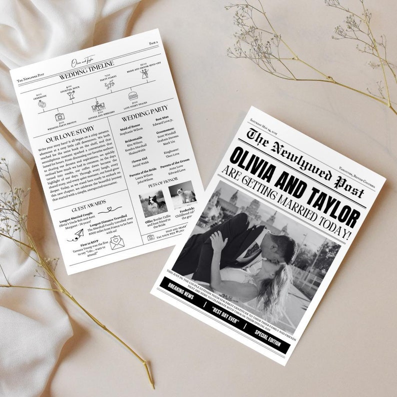 Editable Wedding Newspaper Program Template: Wedding Day Timeline ...
