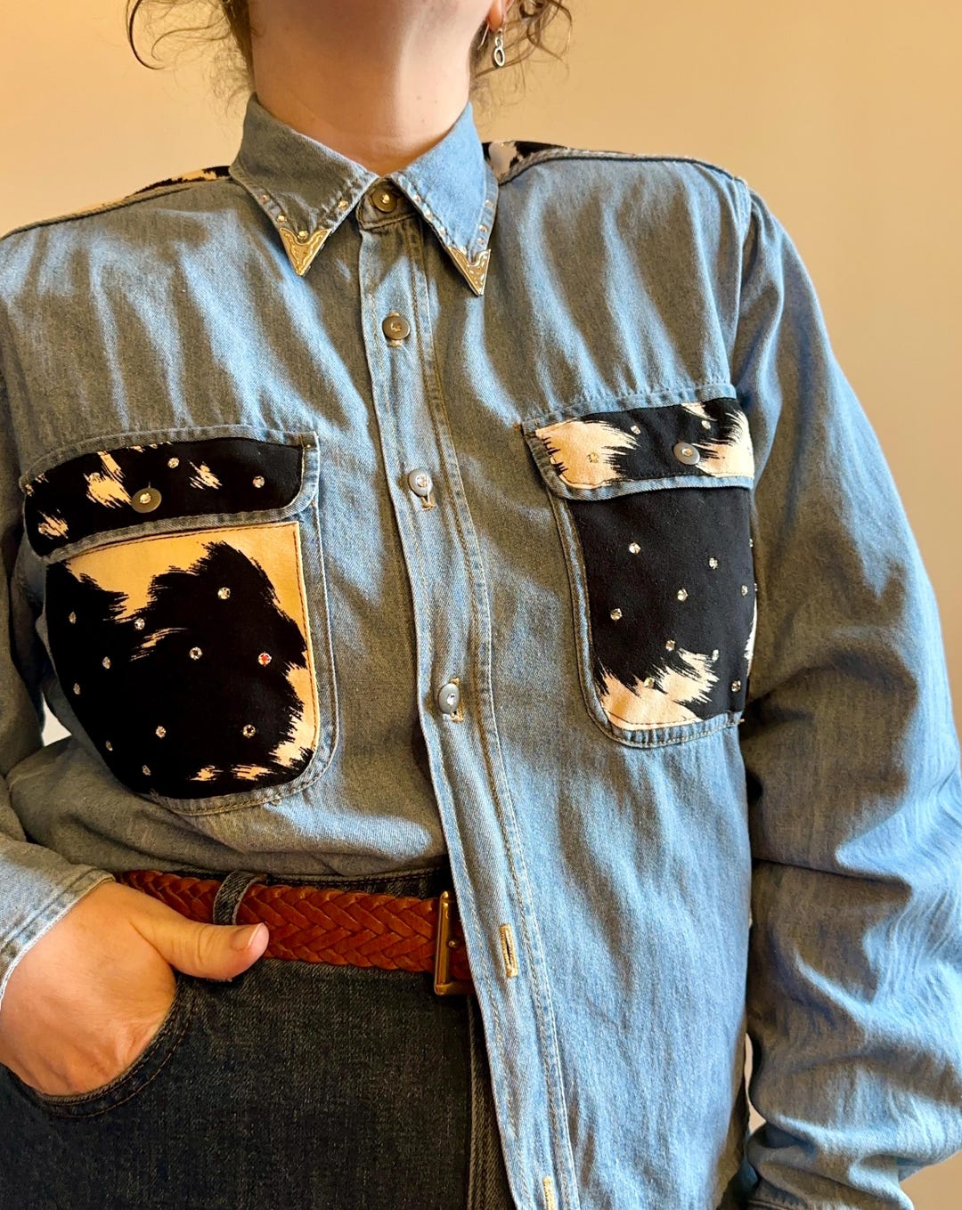 Vintage Cropped Western Denim Button Down With Collar Tips, Faux ...