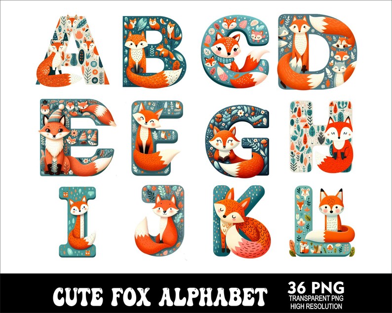 Cute Fox Alphabet PNG Letters Design Animals Fox Letters Png Fox Font ...