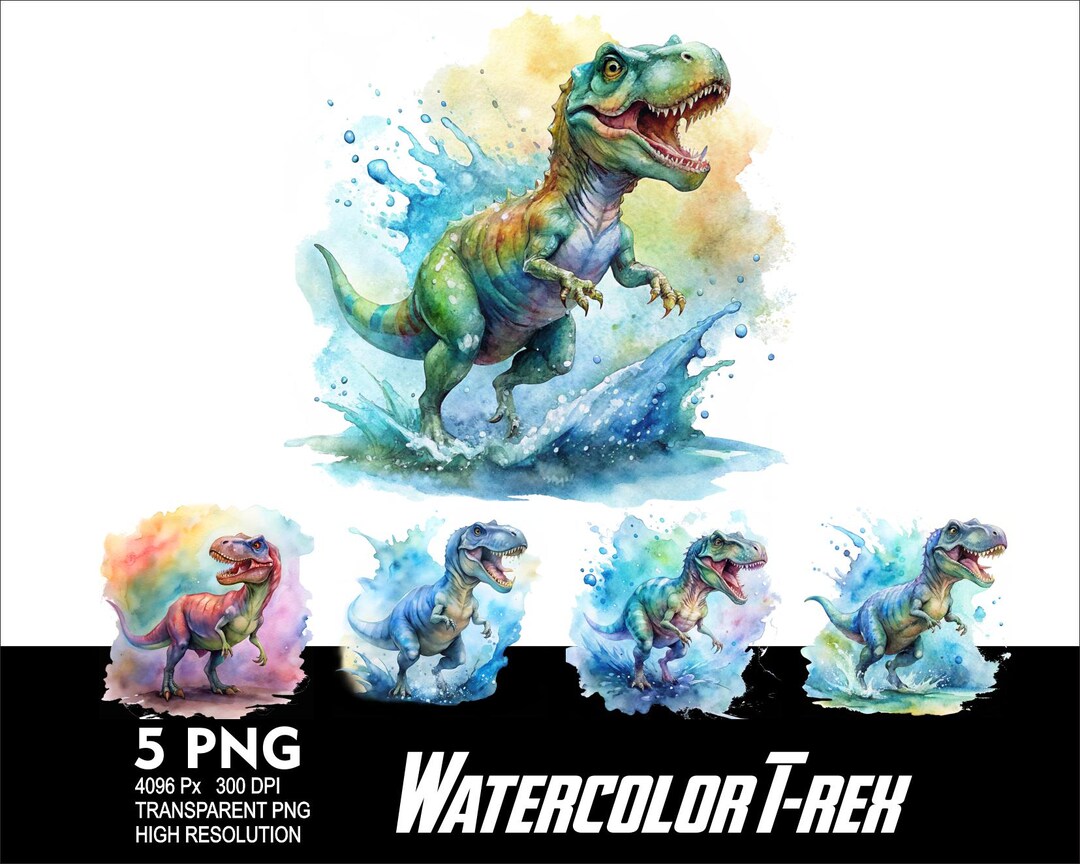 Trex Dinosaur Watercolor 5 PNG Design for Sublimation Png 300DPI High ...