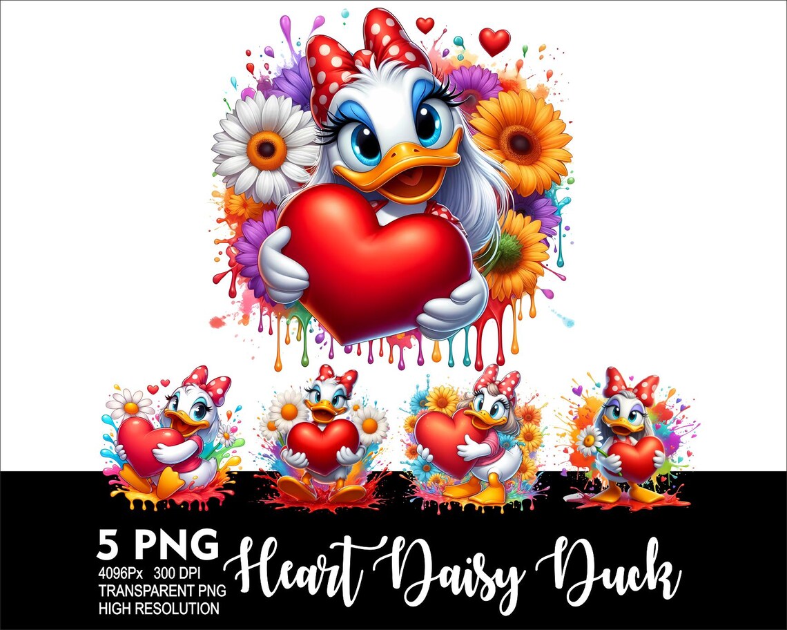 Heart Duck Girl 5 PNG Design Daisy Love for Sublimation Png 300DPI High ...