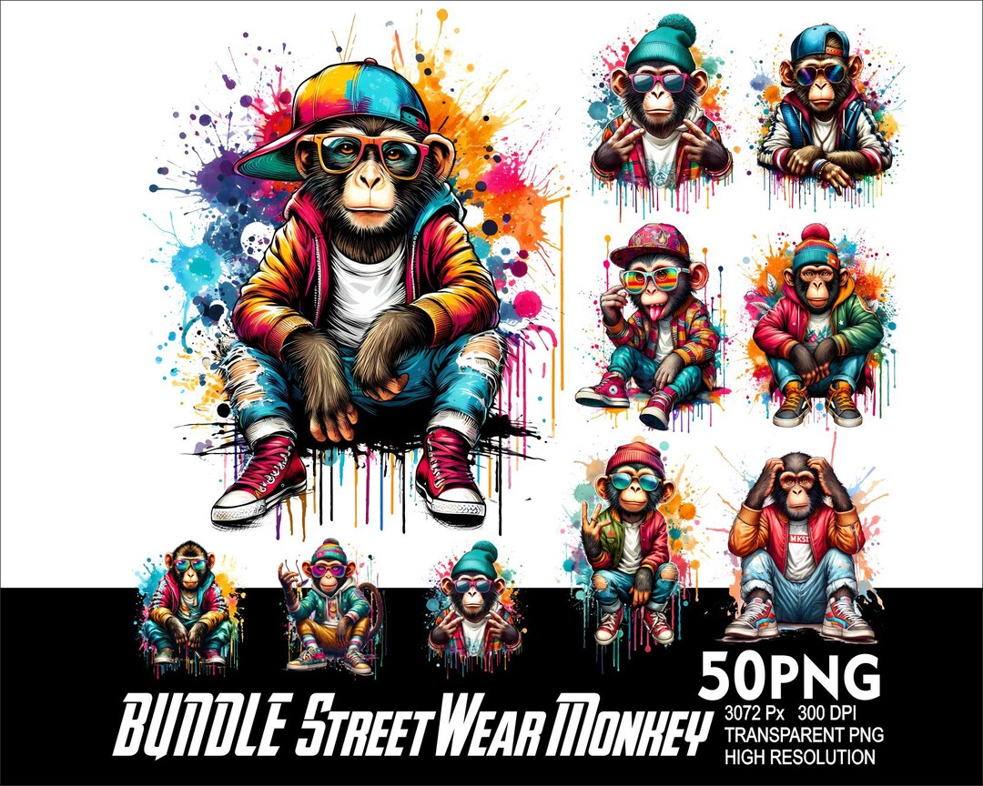 50 BUNDLE Streetwear Monkey Clipart PNG Monkey Design for Sublimation ...