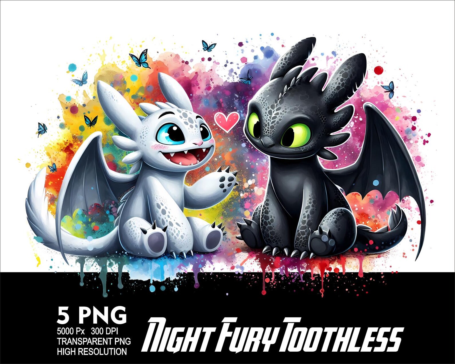 Cartoon Night Fury and Light Fury Watercolor 5 PNG Toothless Design for ...