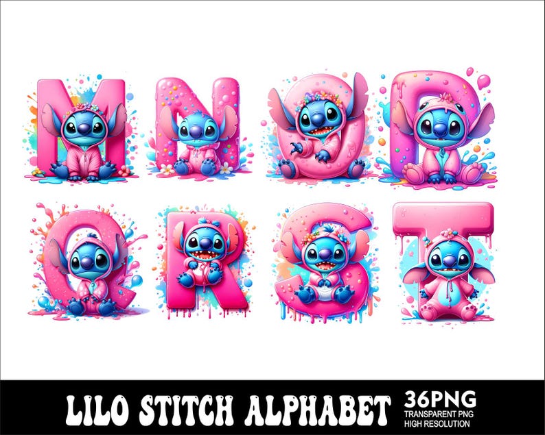 Cartoon Lilo Stitch Alphabet PNG Letters Design Pink Stitch Letters Png ...