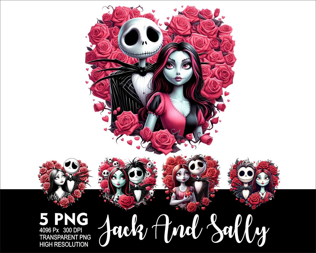Jack and Sally Love Flowers 5 PNG Design for Sublimation Png 300DPI ...