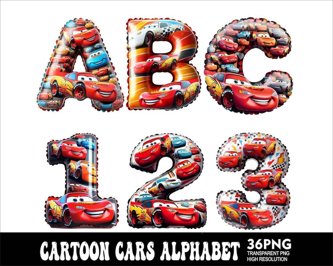Cartoon Cars Alphabet PNG Letters Design Cars Letters Png Baby Party ...