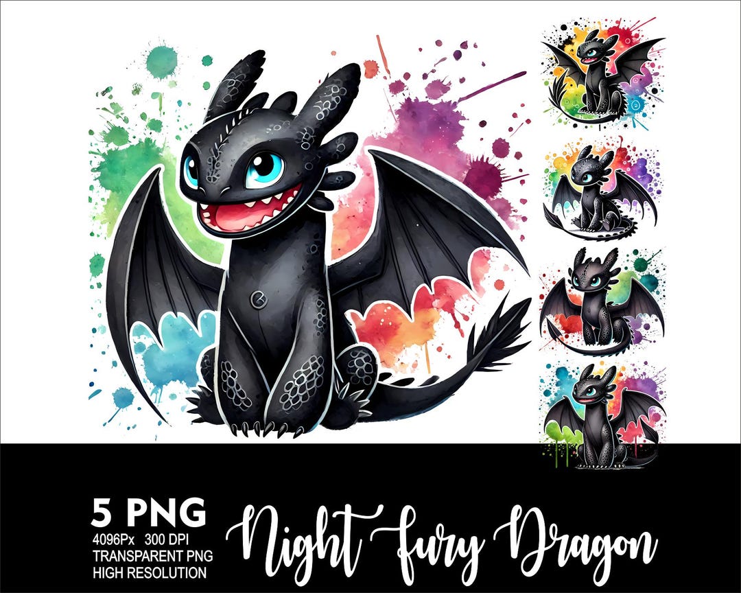 Cartoon Black Dragon Night Fury Watercolor 5 PNG Toothless Design for ...