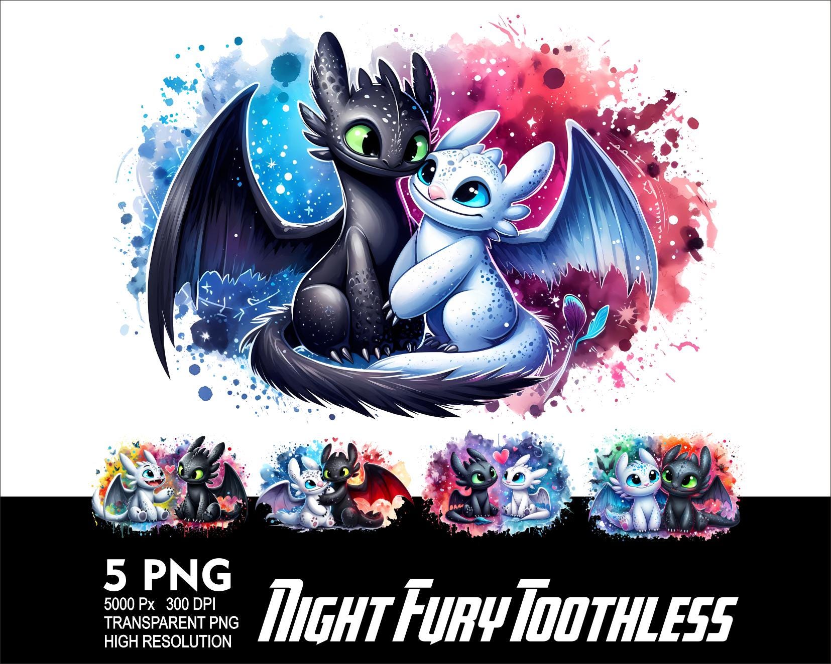 Cartoon Night Fury and Light Fury Watercolor 5 PNG Toothless Design for ...