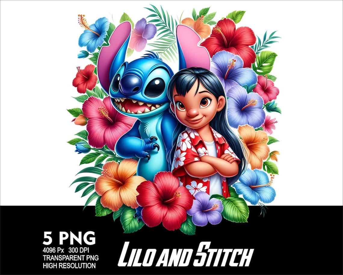 Lilo Stitch Hawaii Flowers 5 PNG Design Sublimation Png 300DPI High ...