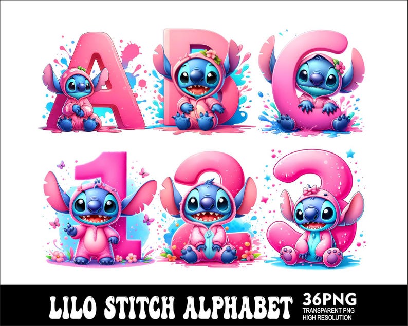 Cartoon Lilo Stitch Alphabet PNG Buchstaben Design Pink Stitch Letters ...