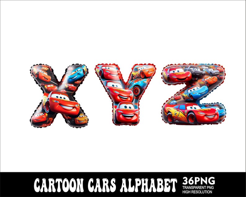Cartoon Cars Alphabet PNG Letters Design Cars Letters Png Baby Party ...