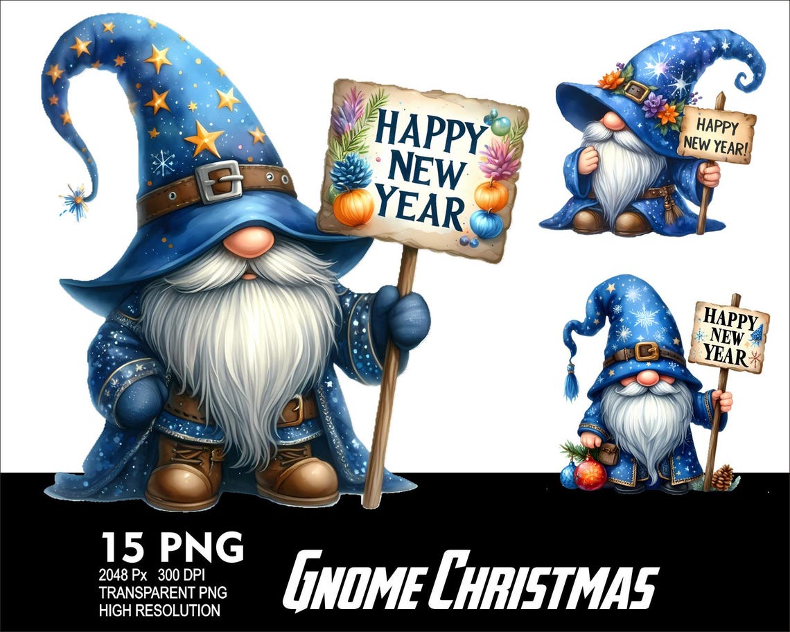 Happy New Year Gnome 15 PNG Design Watercolor Sublimation Png 300DPI ...
