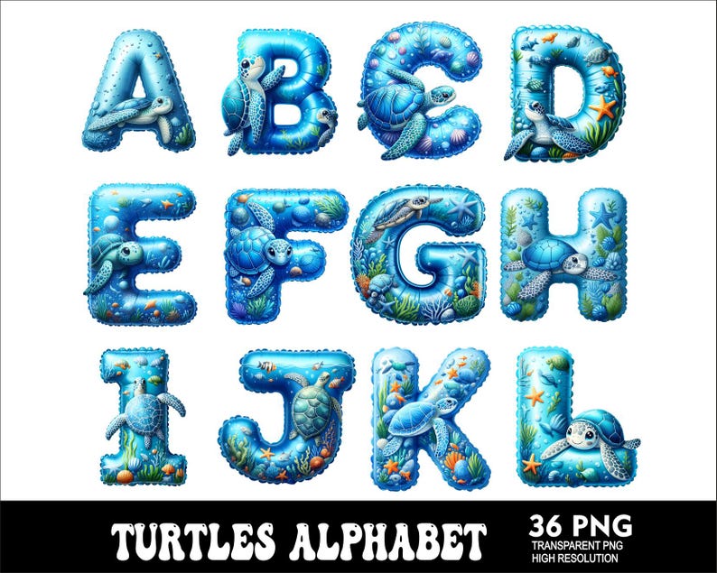 Ocean Turtle Alphabet PNG Letters Design Caretta Turtles Letters Png ...