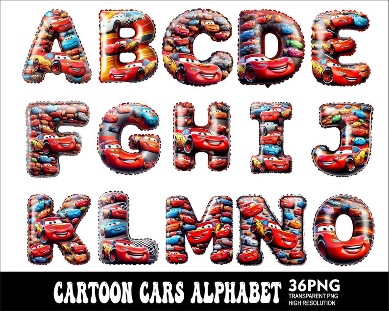 Cartoon Cars Alphabet PNG Letters Design Cars Letters Png Baby Party ...