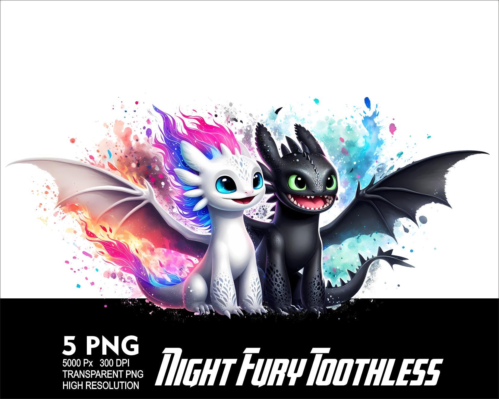 Cartoon Night Fury and Light Fury Watercolor 5 PNG Toothless Design for ...