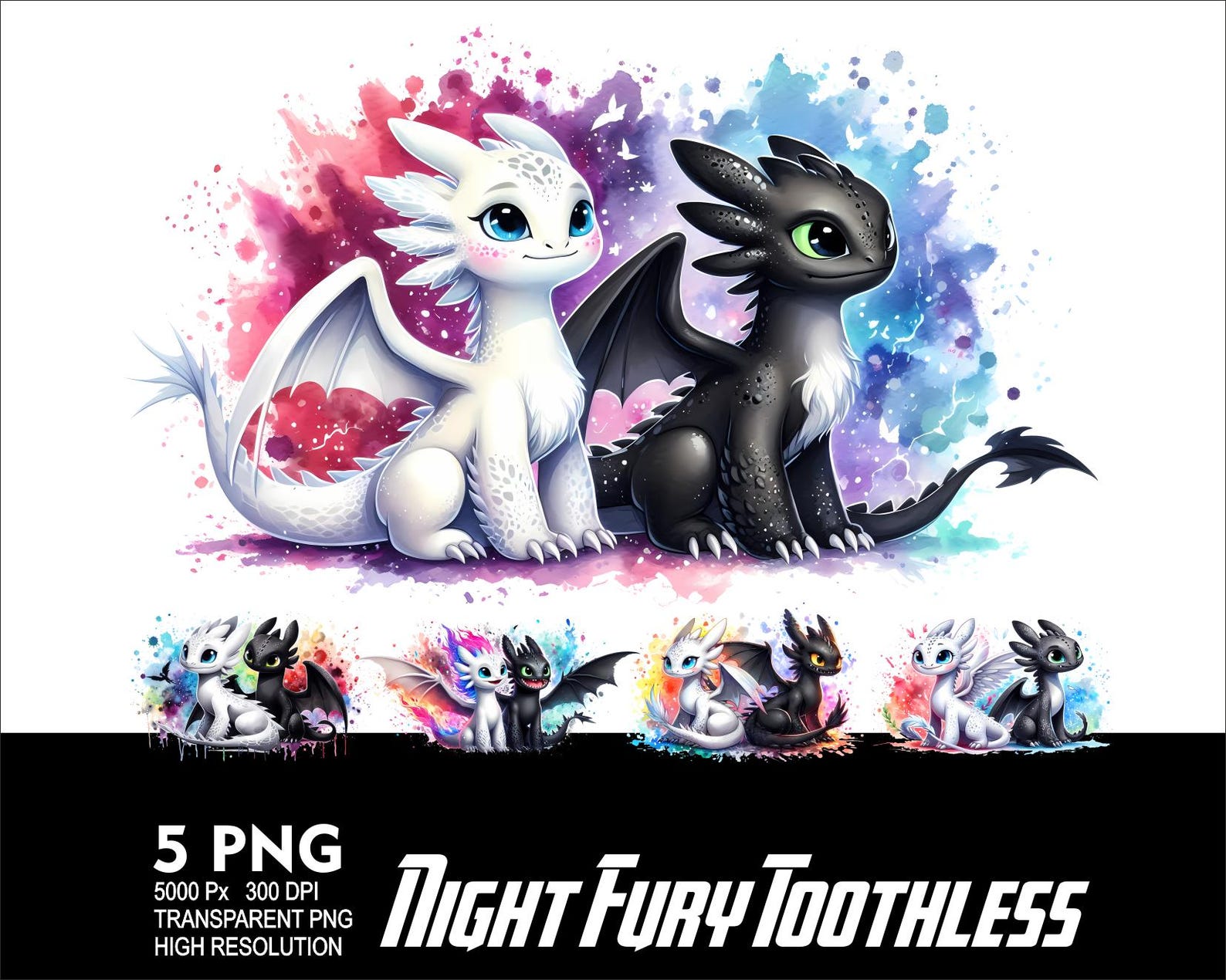 Cartoon Night Fury and Light Fury Watercolor 5 PNG Toothless Design for ...