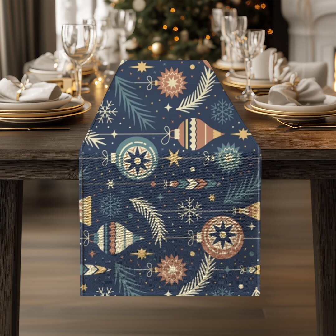 Blue Christmas Table Runner Winter Holiday Cotton Poly Runner Festive ...