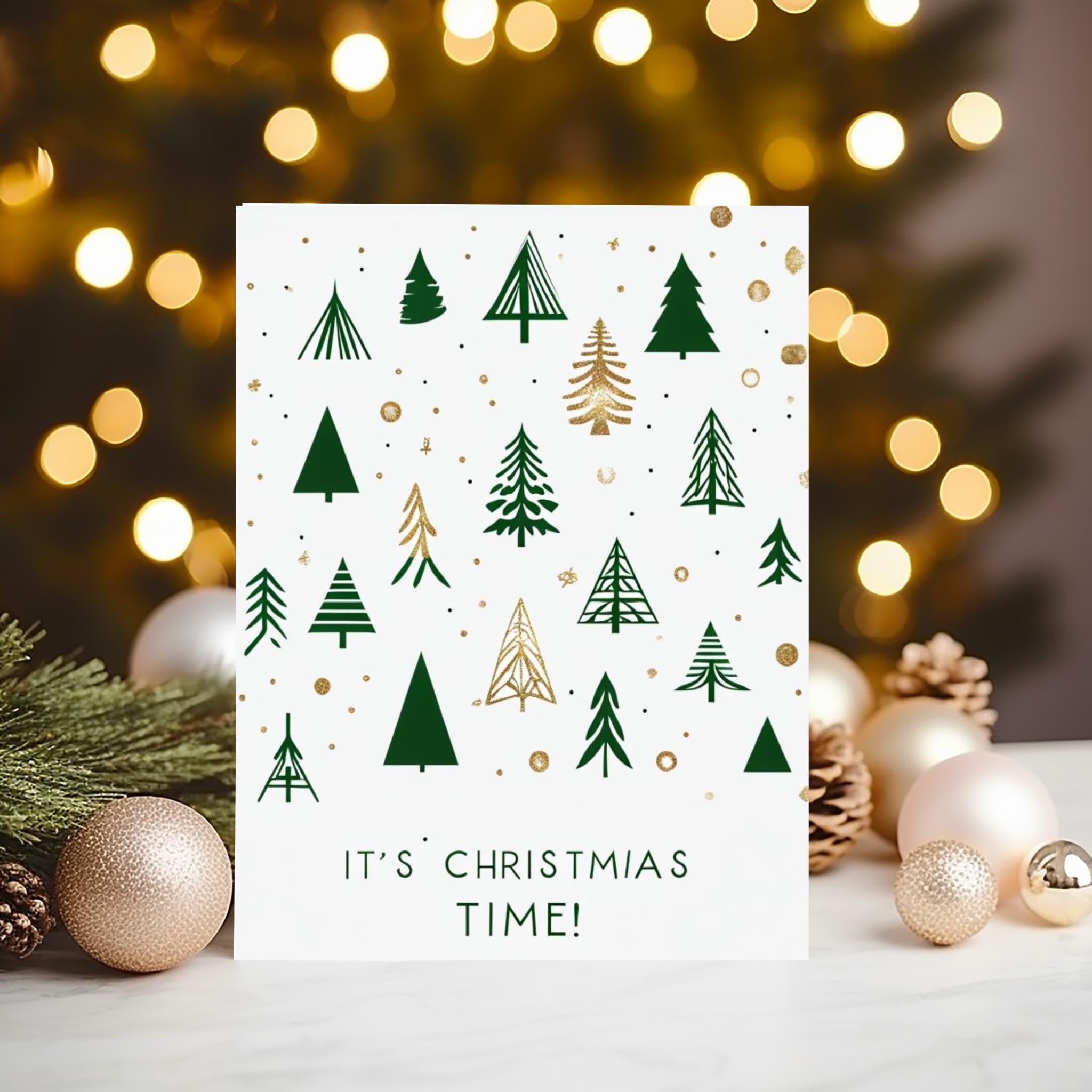 Minimalist Green and Gold Trees Design Holiday Card Pack Greeting Card ...