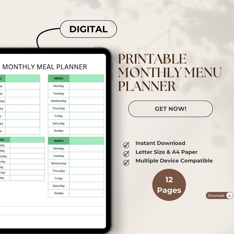 Printable Monthly Menu Planner - Etsy