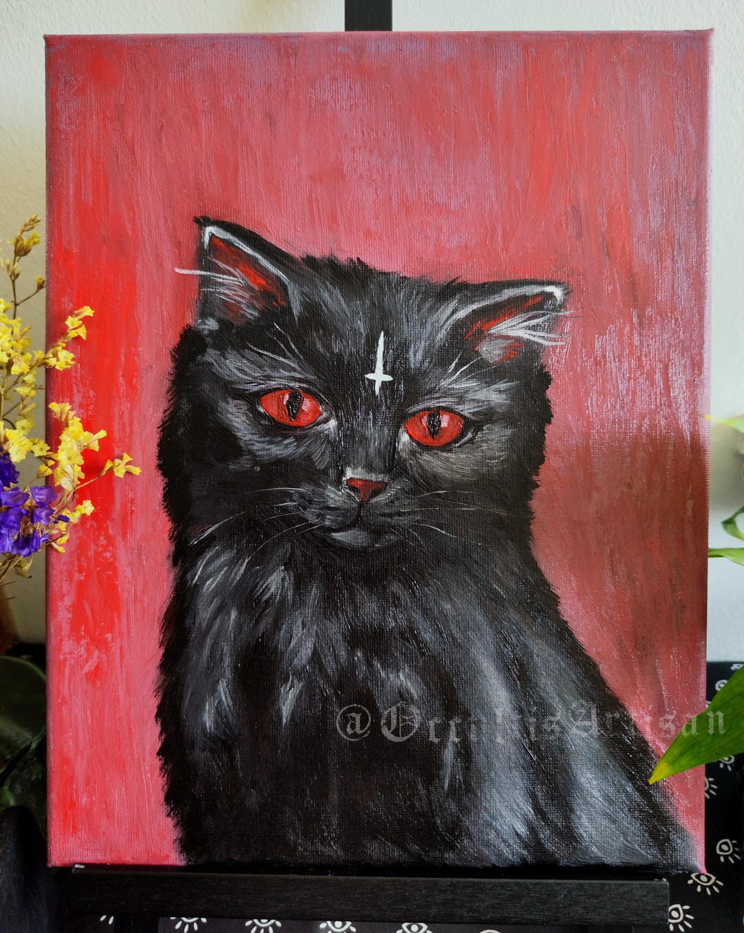 Original Oil Painting Satanic Black Cat Artwork 9.45 11.8 Inches ...