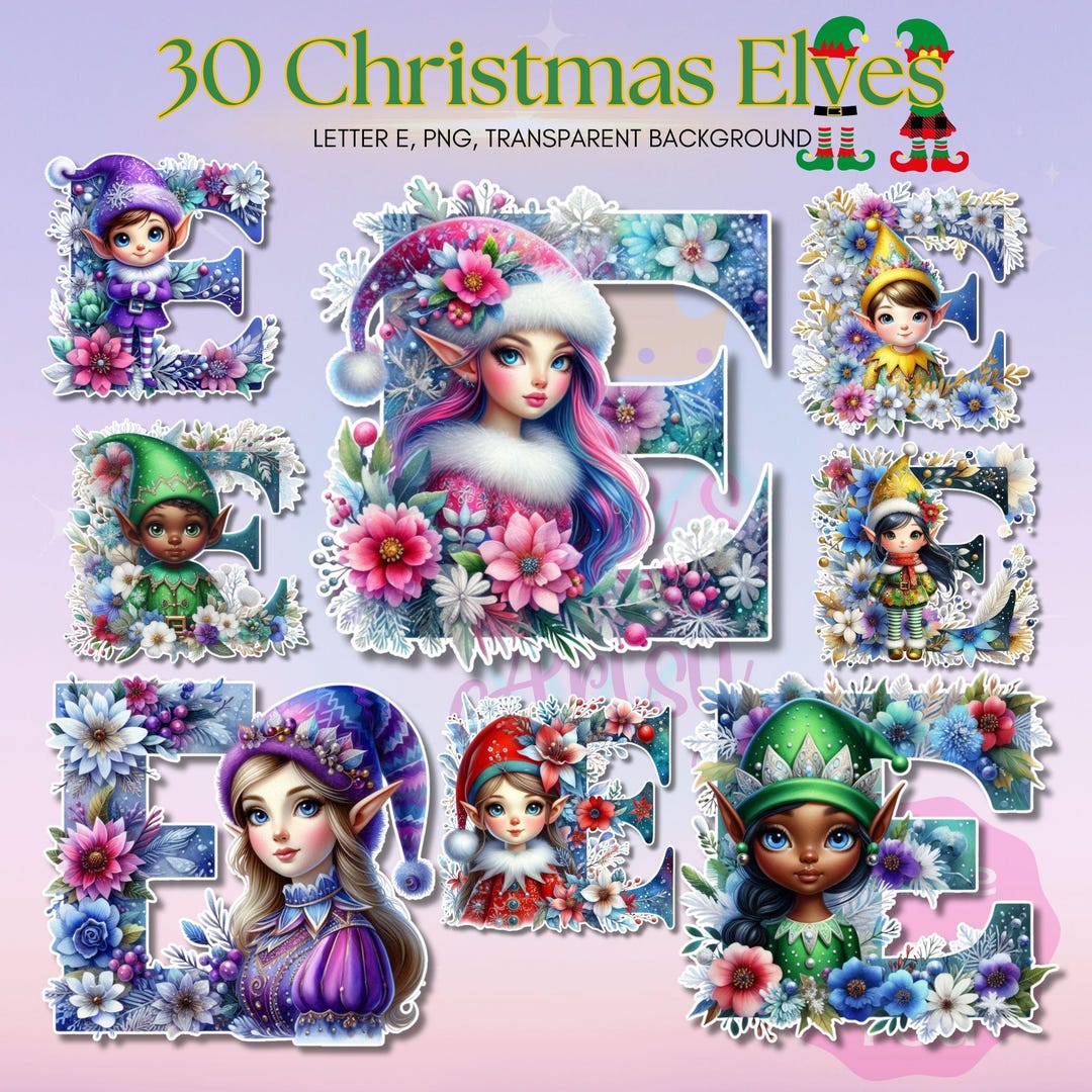 Personalized Elves Letter E Christmas Floral Theme Alphabet Clipart PNG ...