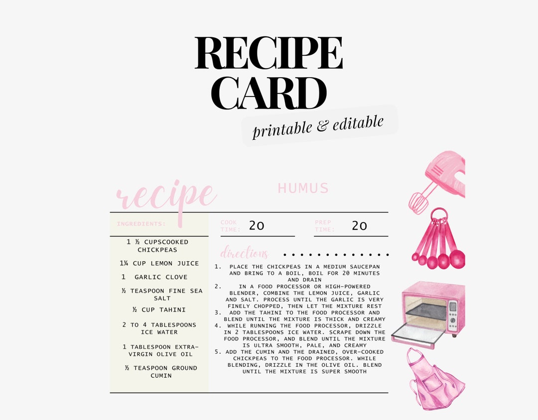 Pink Recipe Card Template Downloadable Recipe Card Template Editable ...