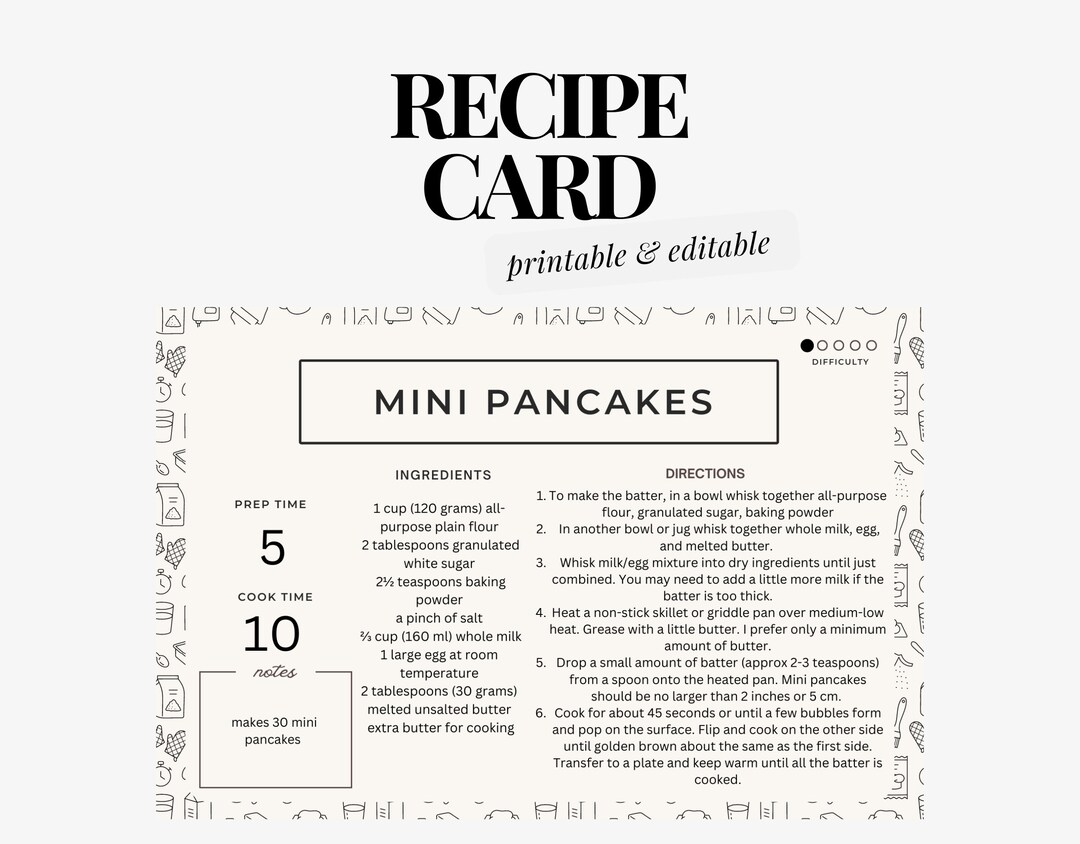 Minimal Recipe Card Template Simple Recipe Card Canvas Recipe Editable ...