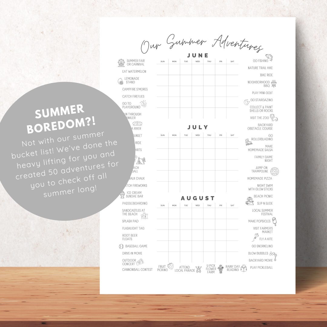 Summer Bucket List Calendar, Printable Summer Activity Planner, Kids ...
