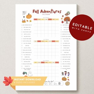 Editable Fall Bucket List Kids, Fall Activities Calendar, Fall Family ...