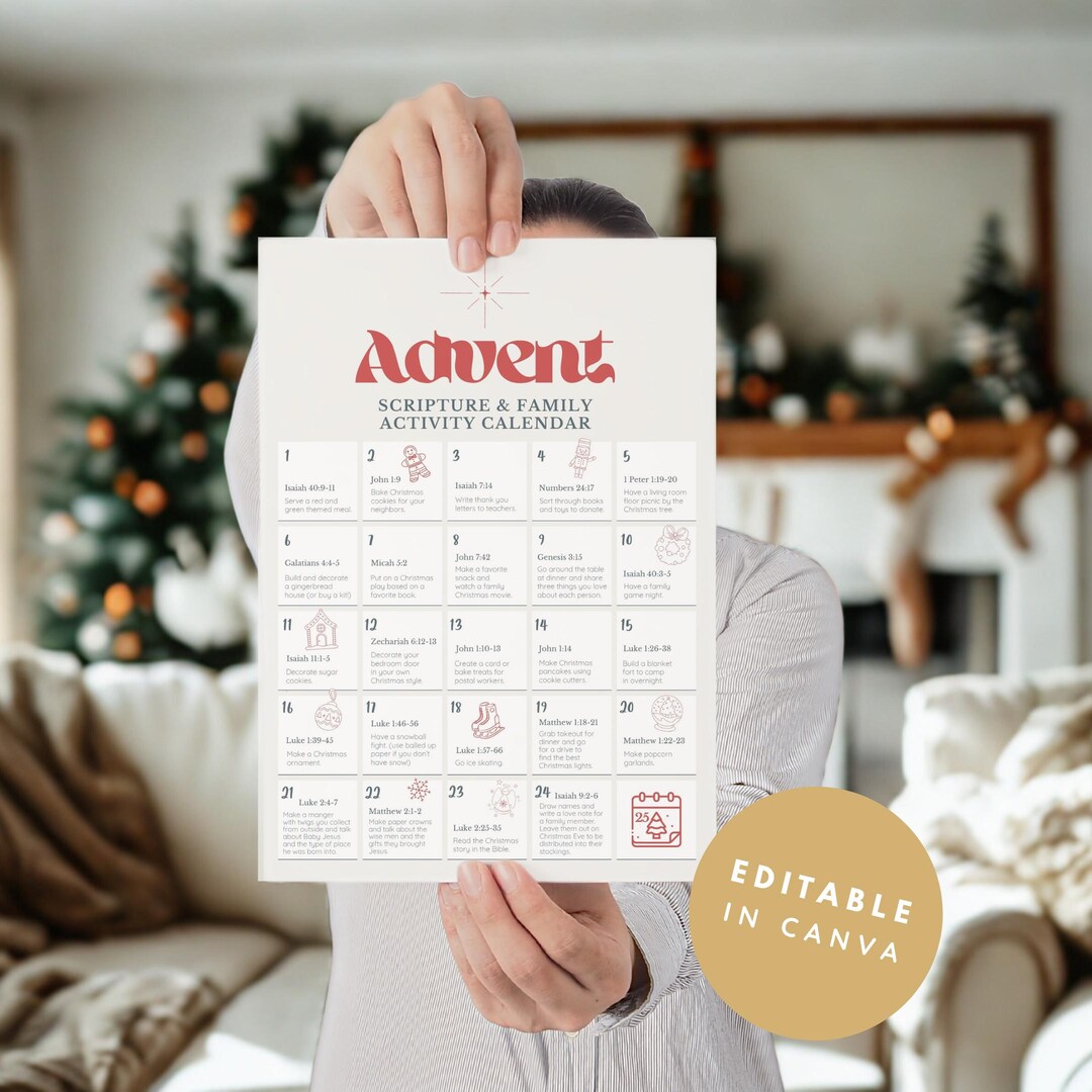 Editable Christian Advent Calendar for Kids, Christmas Scripture Advent ...