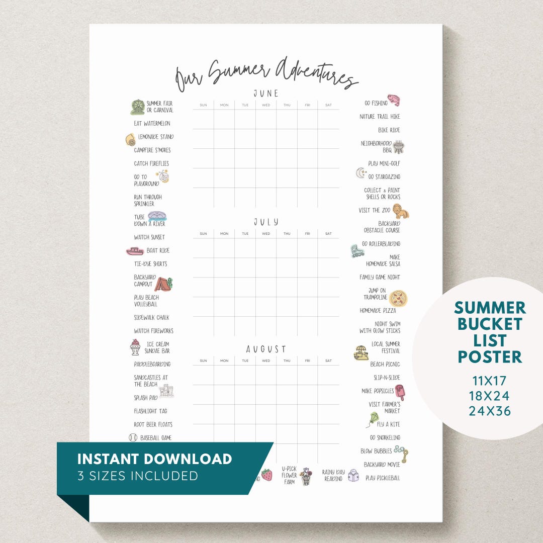 Family Summer Bucket List Calendar, Kids Summer Activity List, Family ...