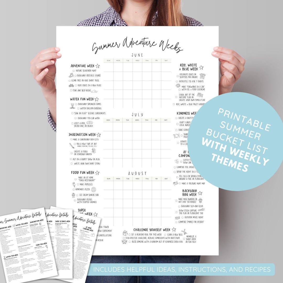 Family Summer Bucket List Calendar, Weekly Theme, Family Activities ...