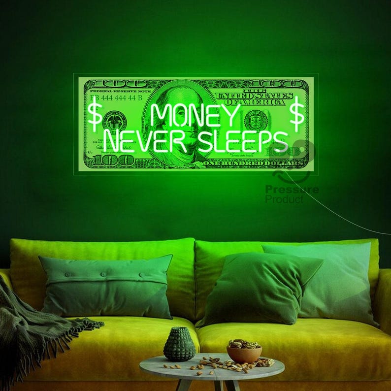 Dollar LED Neon Sign Money Never Sleeps Neon Dollar Neon Aart Dollar ...